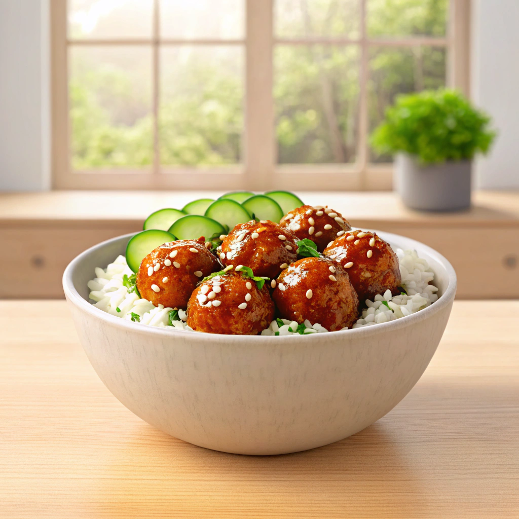Gochujang-Glazed Beef Meatballs with Scallion Rice and Sesame Cucumber ...